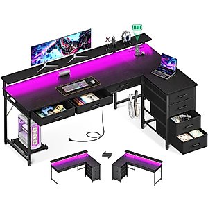 AODK 61" L Shaped Desk with 7 File Drawers, Gaming Desk with LED Light & Power Outlet, Reversible Home Office Desk with Monitor Shelf & Movable CPU Stand, Corner Computer Desk, Black