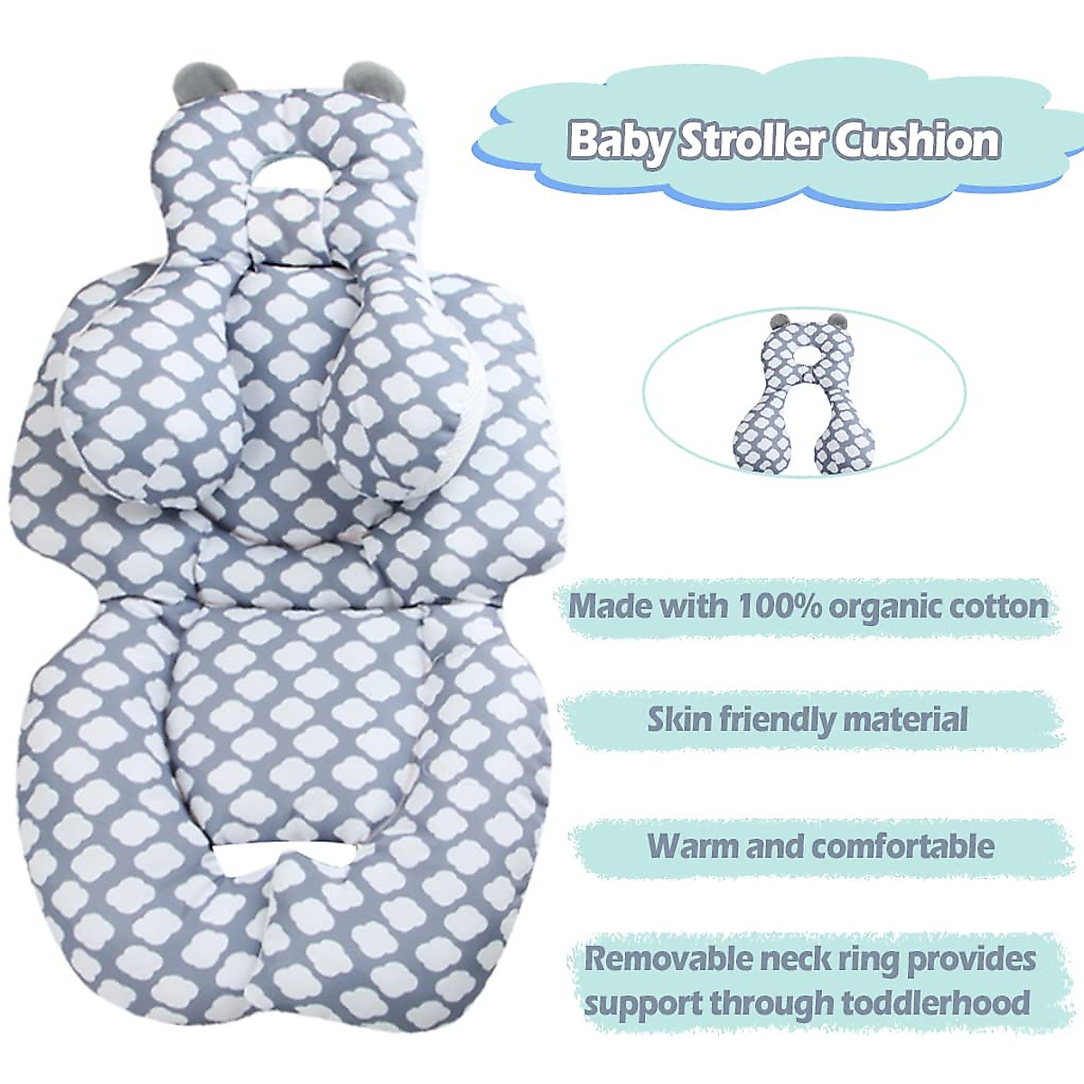 KAKIBLIN Stroller Cushion Toddler Car Seat Insert, Baby Stroller Pillow, Toddler Seat Pad Car seat Neck Support Cushion for Toddler (Cloud)