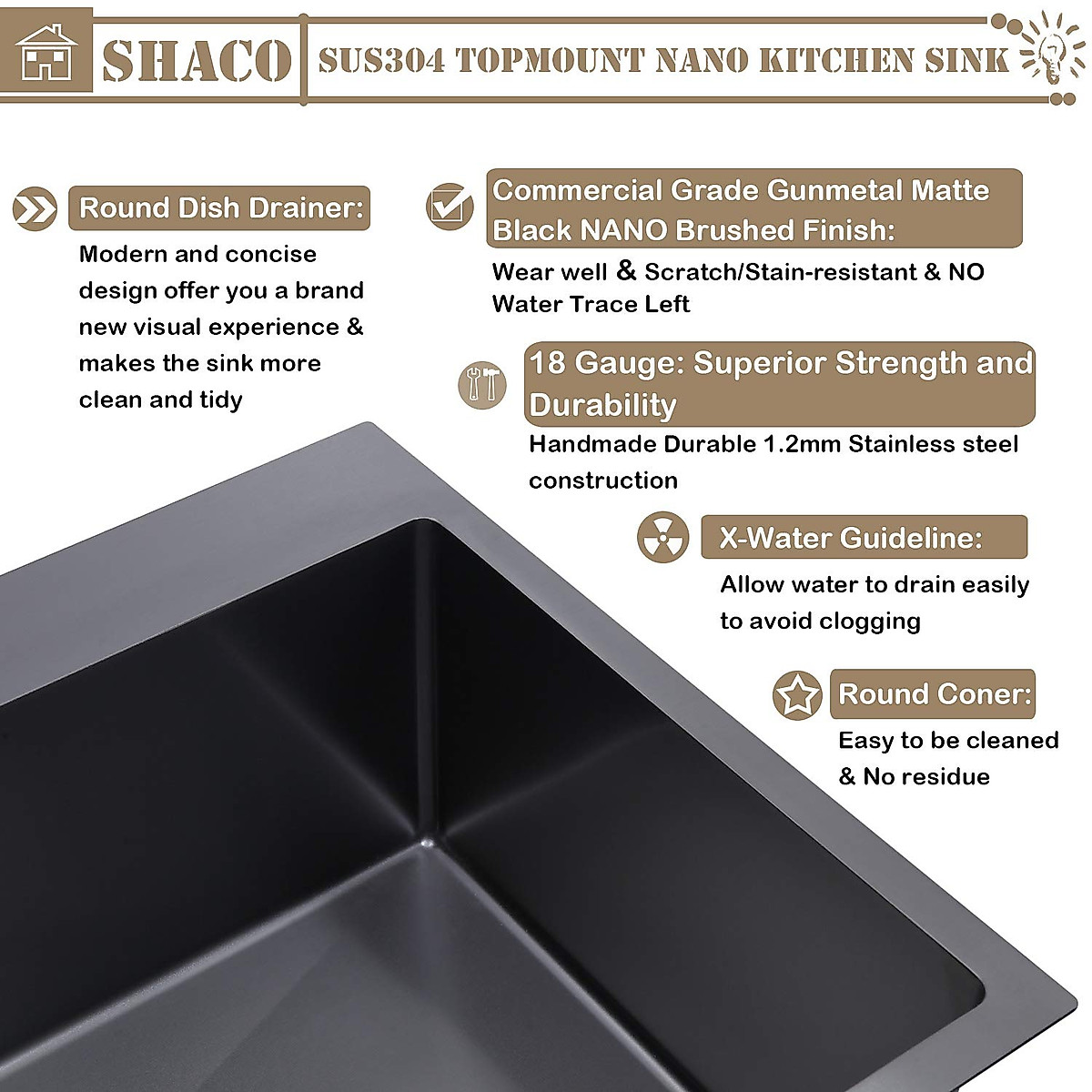SHACO 33 Inch Black Kitchen Sink Drop In, 33x22 Large Top Mount Gunmetal Black Farmhouse Sink, Single Bowl Basin 16 Gauge SUS304 Stainless Steel Wet Bar Prep Sink