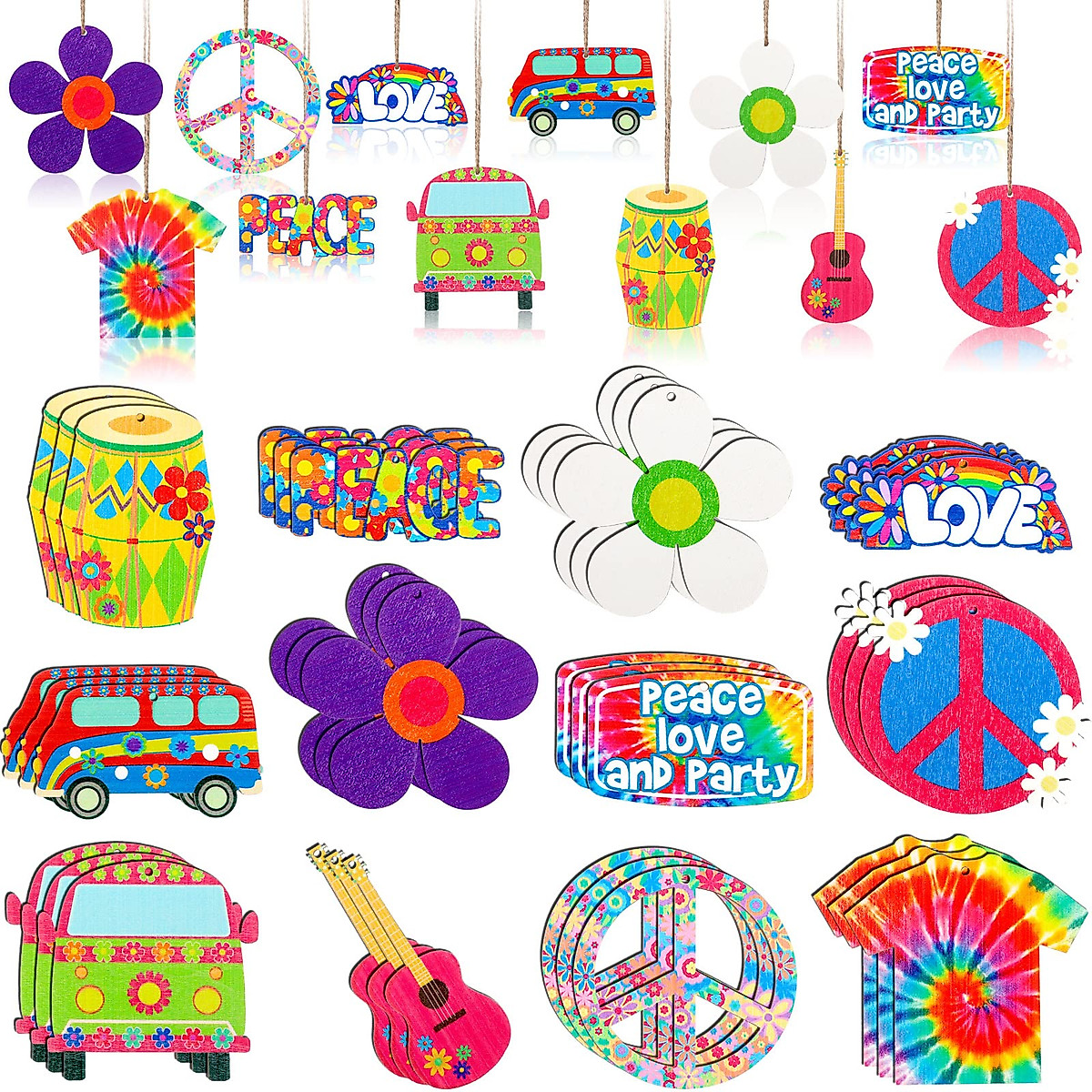 36 Pieces 60 70's Hippie Groovy Party Tie Dye Birthday Wooden Hanging Ornaments Hippy Retro Flower Peace Sign Wooden Hanging Ornaments for 60's Vibe Party Decoration DIY Craft