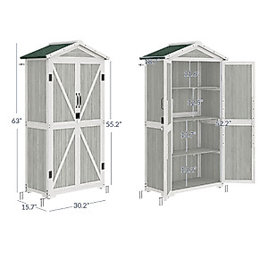 BELLEZE Outdoor Storage Cabinet with 4 Removeable Shelves, Wooden Garden Tall Storage Shed Lockable Tool Storage Cabinet with Waterproof Roof, Outside Tool Shed for Patio Lawn Yard Backyard - Gray