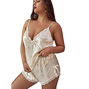 OYOANGLE Women's Plus 2 Piece Satin Silk Pajama Set Floral Lace V Neck Cami Tops and Shorts Sleepwear Apricot 4XL