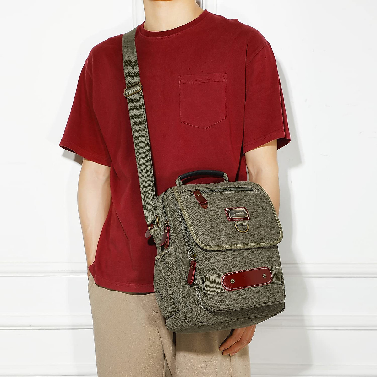 Sunsomen Small Canvas Messenger Bag Man Purse Shoulder Bag Crossbody Bag With Water Bottle Pocket 12 Inch (Khaki)