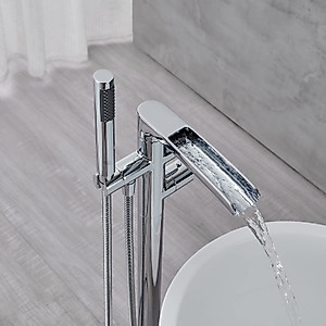 Qinkell Thermostatic Freestanding Bathtub Faucet Waterfall Tub Filler Chrome Floor Mount Bathroom Taps with Handheld Shower