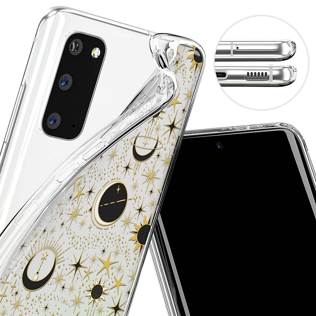 Cavka Phone Case Compatible with Samsung Galaxy A73 A72 5G A71 A54 A52 A42 A34 A32 A14 A11 Bumper Celestial Magic TPU Crescent Moon Protective Slim Aesthetic Lightweight Clear Space Stars Shockproof