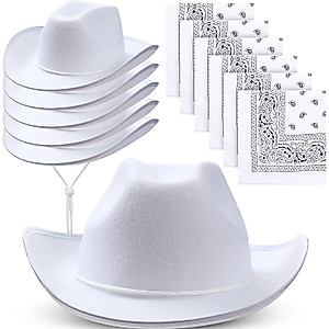 Coume 12 Pcs Adult Cowboy Hat for Women and Men Western Cowgirl Hats with Adjustable Drawstring and Cowboy Party Paisley Bandana(White), One Size
