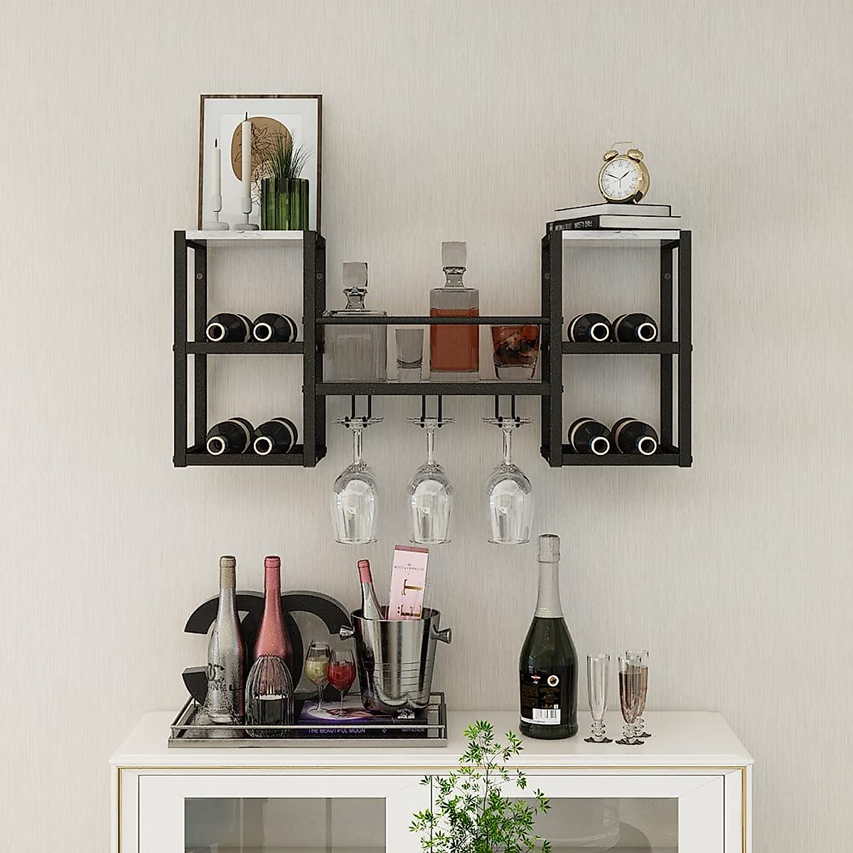 GiftGo Industrial Greige Wall Mounted Wine Rack with 3 Steam Glass Holder Partial Wood Shelf Black Metal Bottle Holder Multi Functional Wine Storage Display Rack for Home Bar Dining Room Kitchen