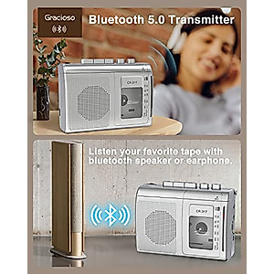 Gracioso Portable Cassette Player Recorder with Bluetooth Transmitter, AM FM Walkman Cassette Player with Headphone Jack & Big Speaker,Microphone Jack, 2*AA Battery Opearated Cassette Tape Player