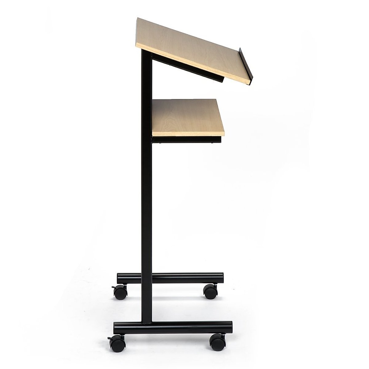 Audio-Visual Direct Wheeled Lectern - Standing Desk with Storage Shelf - Beech/Black - Ideal for Presentations and Laptop Use