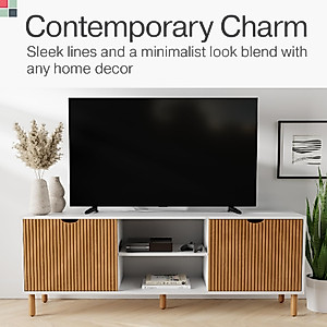 Contemporary Fluted TV Stand - Media Console - 70” Entertainment Center Console Table with Storage for Living Room - Fits 32 to 80" TVs (White and Oak)