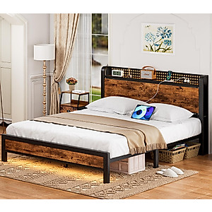 Furnulem Bed Frame Queen Size with Light,Industrial Storage Headboard with Power Outlet and USB Port,Wood Platform Queen Bed with Strong Metal Support,No Box Spring Needed,Silent