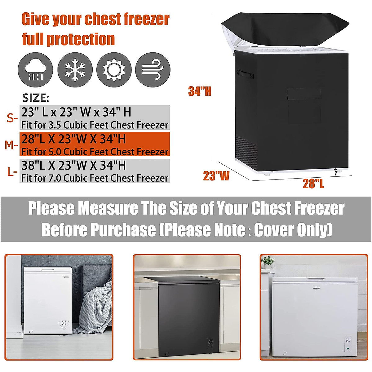 Dalema Chest Freezer Cover Waterproof,Deep Freezer Covers for Outside,Outdoor Chest Freezer Covers for Outside 5.0 Cubic Feet Freezer,Top with Zipper to Open(28"L x 23"W x 34"H,Black).