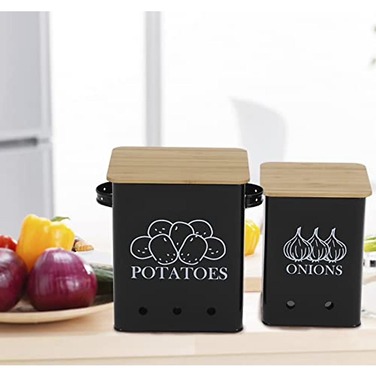 Xbopetda Potato Onion Storage Bin, Kitchen Storage Canister Set of 2, Kitchen Pantry Organizer Tin - Vegetable Fresh Keeper with Aerating Tin Storage Holes & Wooden Lid (Black)