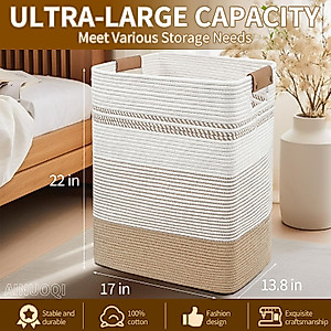 AINUOQI Laundry Hamper - 85L Large Laundry Basket with Leather Handles, Decorative Storage Basket for Blankets - Cotton Rope Woven Baskets for Storage, Clothes Hamper for Living Room, Jute & White