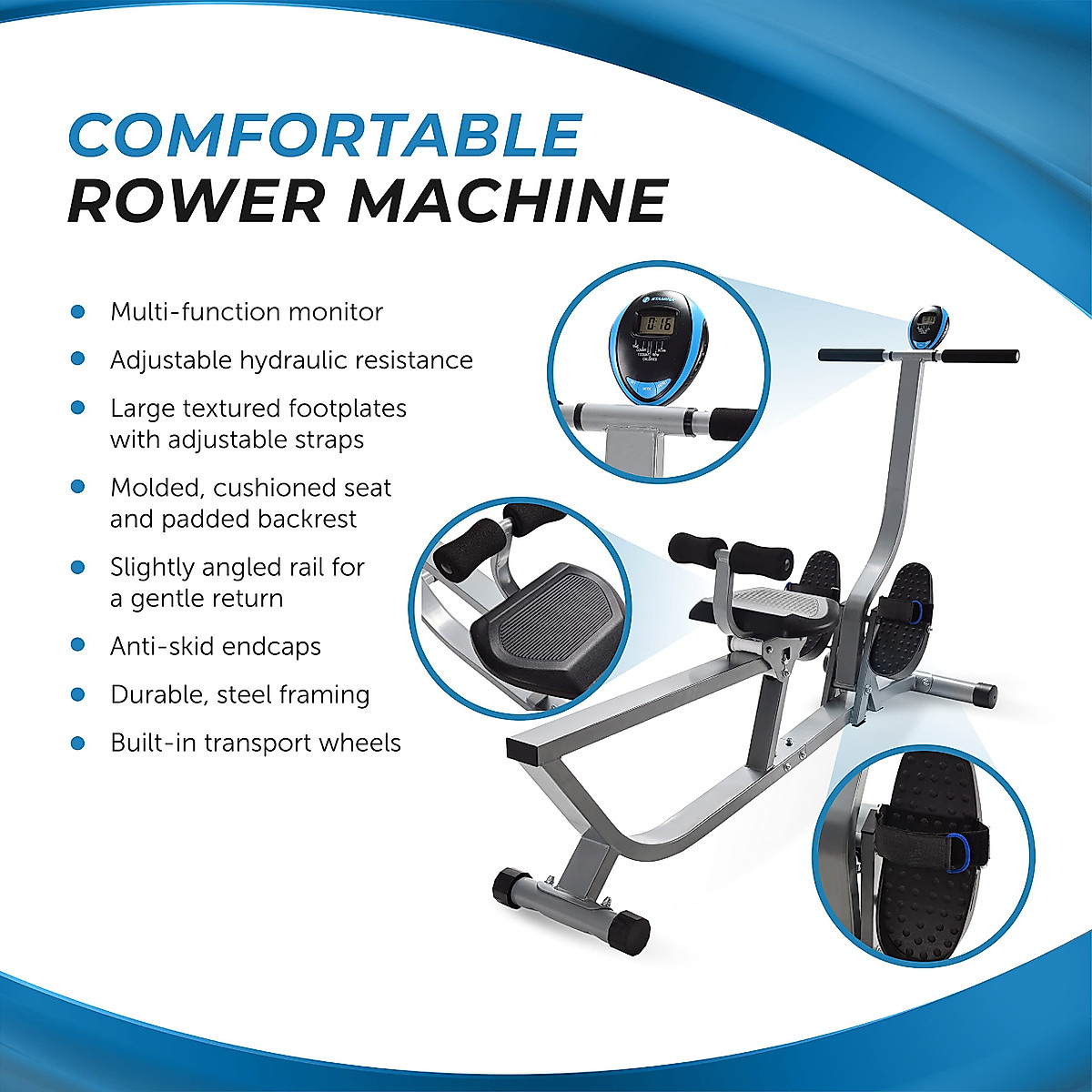 Stamina Easyrow Hydraulic Rower Machine with Smart Workout App - Rowing Machine with Adjustable Resistance for Home Gym Fitness - Up to 300 lbs Weight Capacity