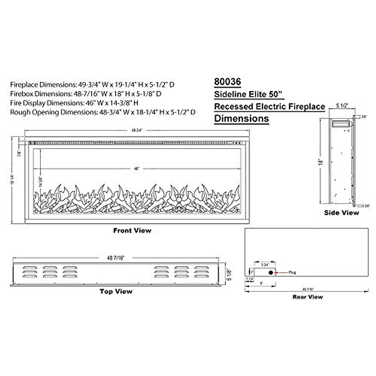 Touchstone Sideline Elite Smart 50” WiFi-Enabled Electric Fireplace - in-Wall Recessed - 60 Color Combinations - 1500/750 Watt Heater (68-88°F Thermostat) - Black - Log, Crystals & Driftwood - 80036