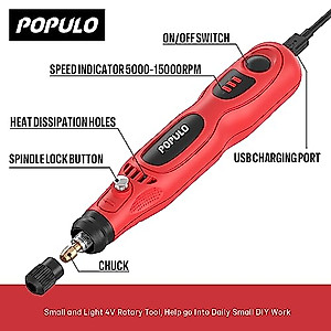 POPULO Mini Cordless Rotary Tool Portable 4V Jewelry Polishing Kit with 46 Pieces Rotary Accessory Kit, Max Speed Load up to15000 RPM,USB Charging,Engraving Pen,Polishing, Grinding, DIY Crafts