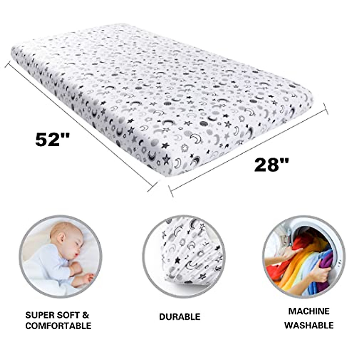 FIGEPO 4 Pack Star and Moon Neutral Unisex Fitted Baby Crib Sheets Set for Baby Boys or Girls (White)