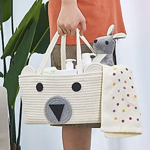 InfiBay Baby Diaper Caddy Organizer, Baby Nursery Storage with Removable Dividers and Sturdy Handles, Cute Bear Basket, Cotton Rope Baby Basket, Portable Diaper Storage Basket