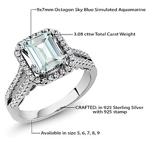 Gem Stone King 925 Sterling Silver Sky Blue Simulated Aquamarine Ring For Women (3.08 Cttw, Emerald Cut 9X7MM, Available in size 5, 6, 7, 8, 9)