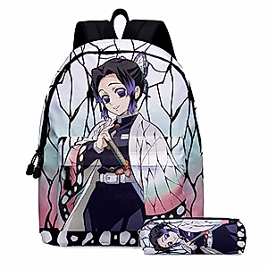 Kanhan-dress Kochou Shinobu Cosplay School Backpack with Pencil Case Anime Backpacks+Keychains Set for Women Men Teens Kids (Kochou Shinobu, 16 INCH)