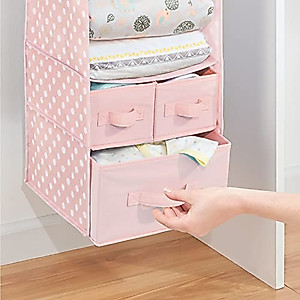 mDesign Fabric Hanging Organizer - Over Closet Rod Storage with 7 Shelves and 3 Removable Drawers for Baby Nursery Bedroom Organization - Hold Clothes, Linens, Toys, Accessories - Pink/White Polka Dot