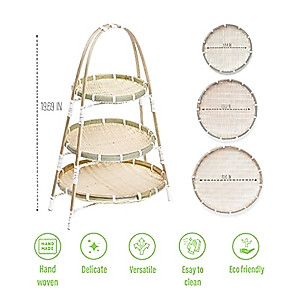 Changy Store 3 Tier Bamboo Basket Rack | Handwoven Wicker Serving Baskets with Standing Rack Set | Food, Fruit, Snack, Cookies Display Centerpiece or Coffee Table Décor Accent