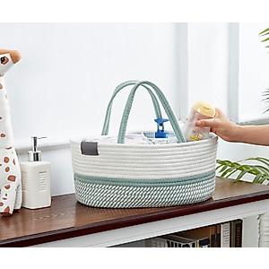 DECOMOMO Green Diaper Caddy, Nappy Caddy, Woven Baby Basket (Sage Green & White, Large)