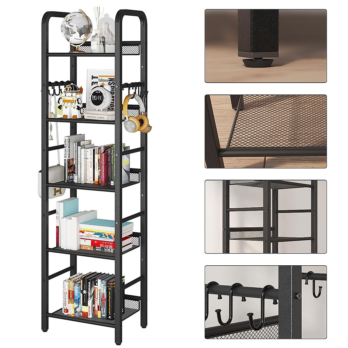 YMYNY 5 Tier Bookshelf, Freestanding Bookcase for Living Room, Bedroom, Home Office, Multi-Functional Storage Rack Organizer, Display Rack with Metal Frame, Rust Resistance, Black, UHBC055B