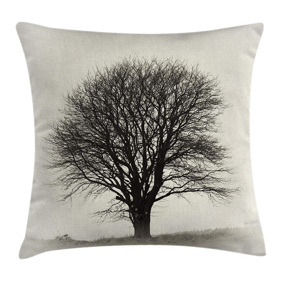 Ambesonne Grey Throw Pillow Cushion Cover, Photo of a Big Tree on a Field Branches Fall Season Monochromic Landscape Artwork, Decorative Square Accent Pillow Case, 20" X 20", Beige Black