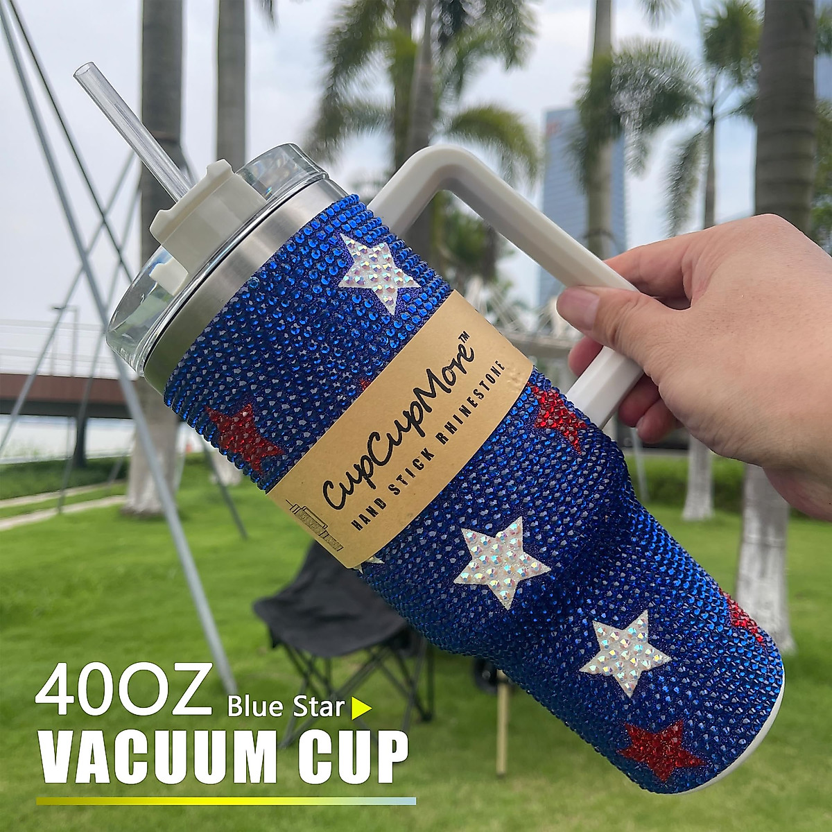 Cupcupmore 40oz Blue Star Bling Rhinestone Stainless Steel Sippy Tumbler Glitter Vacuum Insulated Water Bottle with Straw & Lid &Handle,Thermos for Hot & Cold Drinks,Car Cup Holder,Coffee