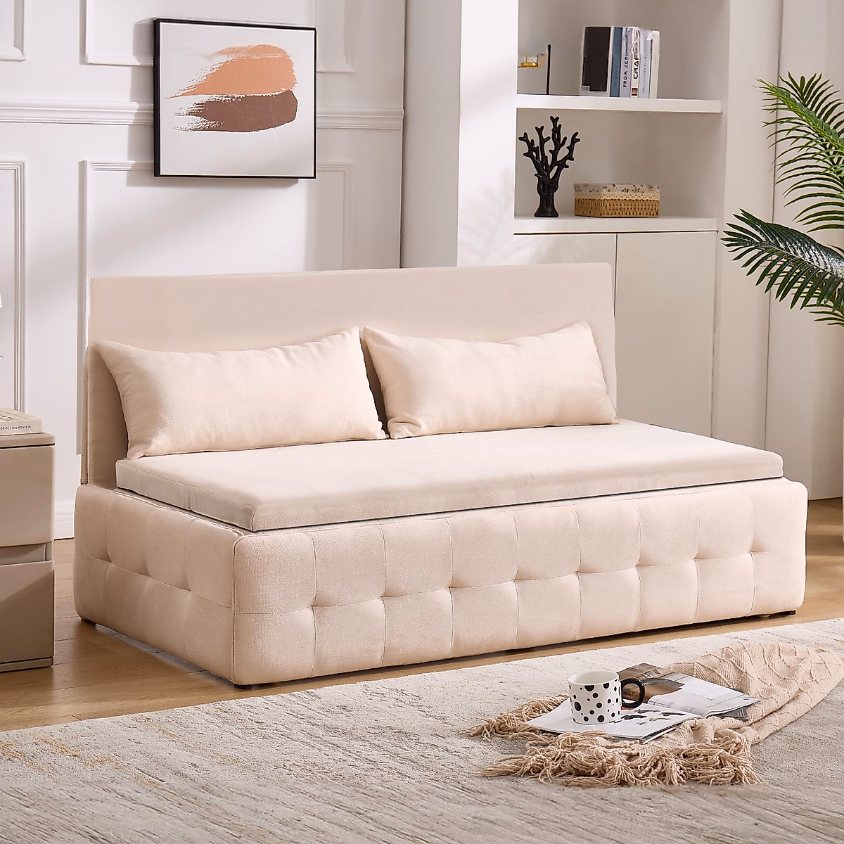 EDWINENE Pull-Out Sofa Bed, Convertible Sleeper Sofa Couch, Modern Comfy Sofa Cama with 2 Soft Pillows, Loveseat Couch for Living Room, Apartment (Beige)