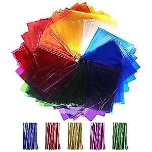 Cinvo 160 Pcs Cellophane Sheets Multi-Colored See Through Colorful Sheets with Twist Ties Cello Wraps for DIY Arts and Crafts, Treats Candy Wrapping Party Supplies (7.5 x 7.5 Inch)