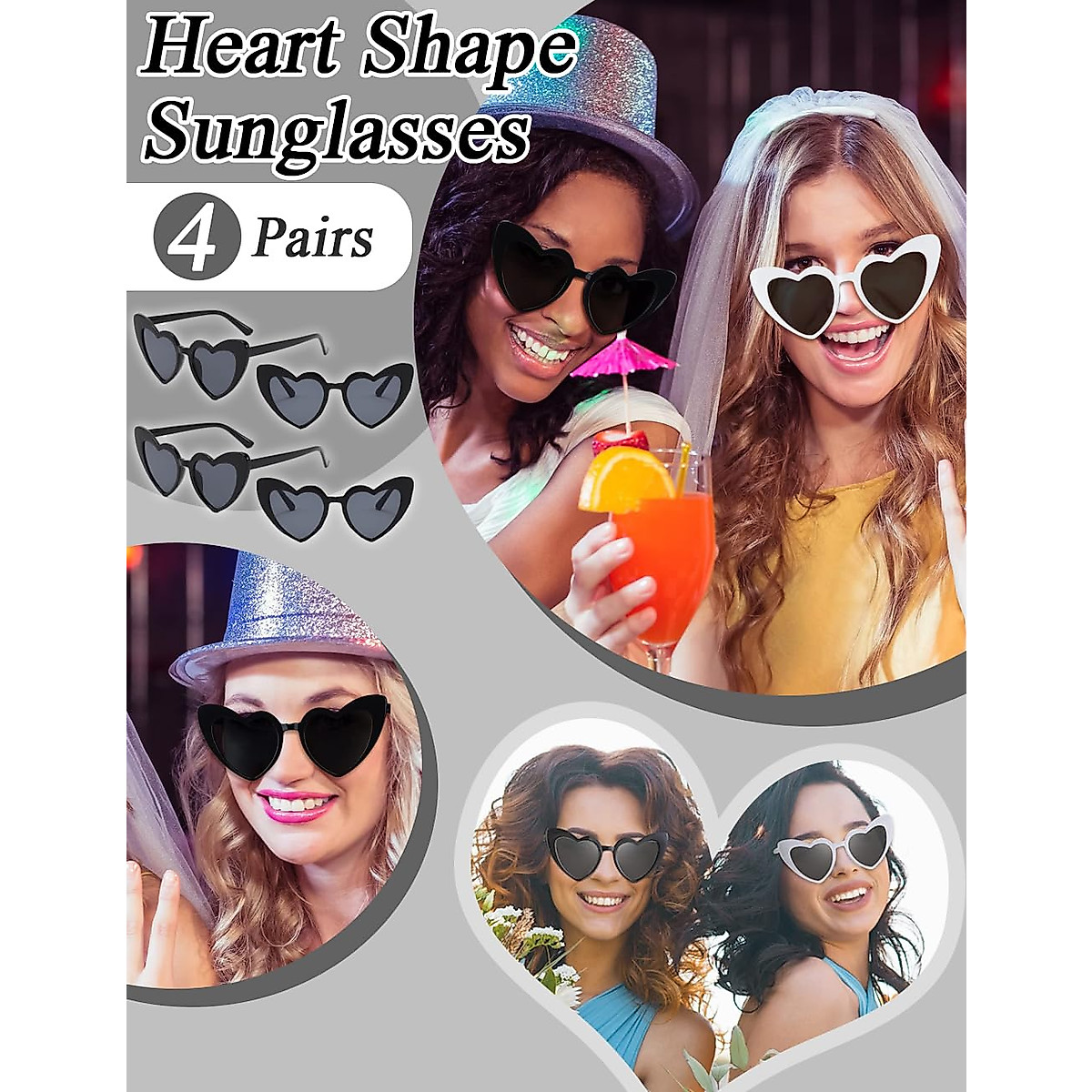 4 Pack Heart Shaped Sunglasses Trendy Cat Eye Love Heart Glasses Vintage Retro Heart Sunglasses for Women(Black)