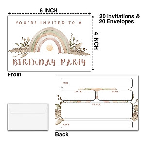 YSTEP Boho Birthday Party Invitations, 20 Invite Cards with Envelopes, 4"x6" Rainbow Birthday Invites - B04