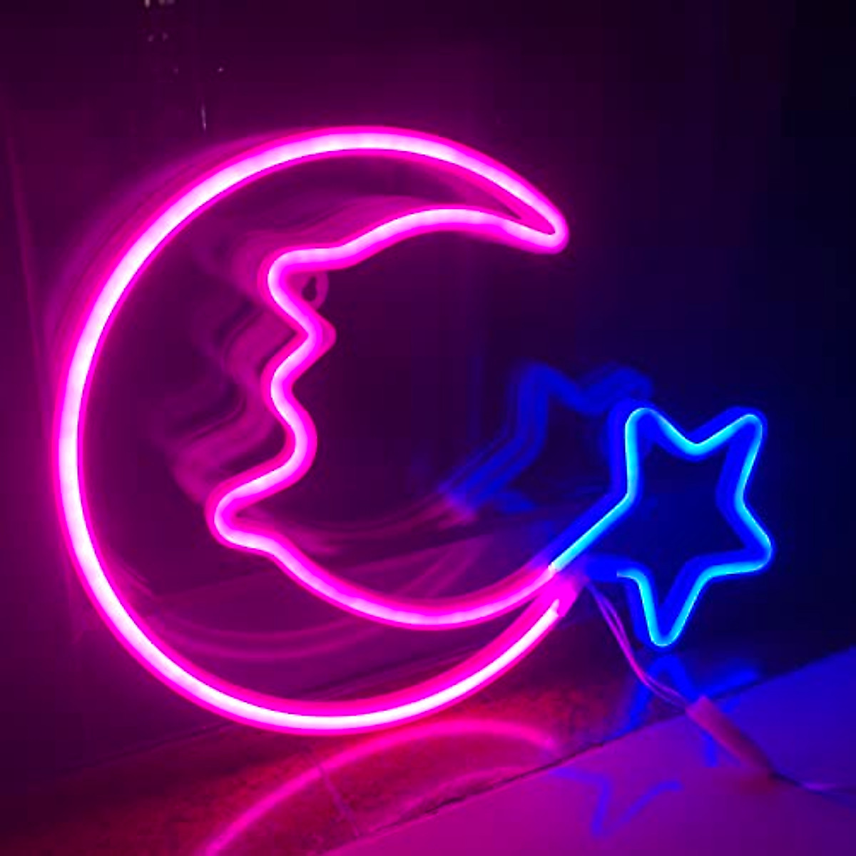 Night Lights for Kids|Neon Signs Pink Moon Blue Star LED Neon Lights for Baby Nursery Room,Wall Art Décor|USB Powered Children Lighting for Bedroom,Party,Christmas Birthday Gifts(YLX-FLA)