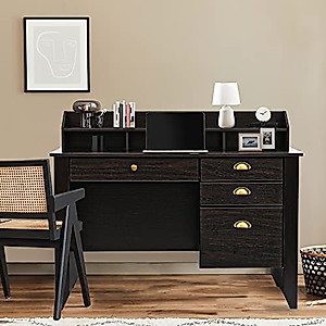 Catrimown Computer Desk with Drawers and Hutch, Farmhouse Wood Home Office Desk Kids Writing Study School Student Desk PC Laptop Desk Bedroom for Small Spaces, Espresso Brown