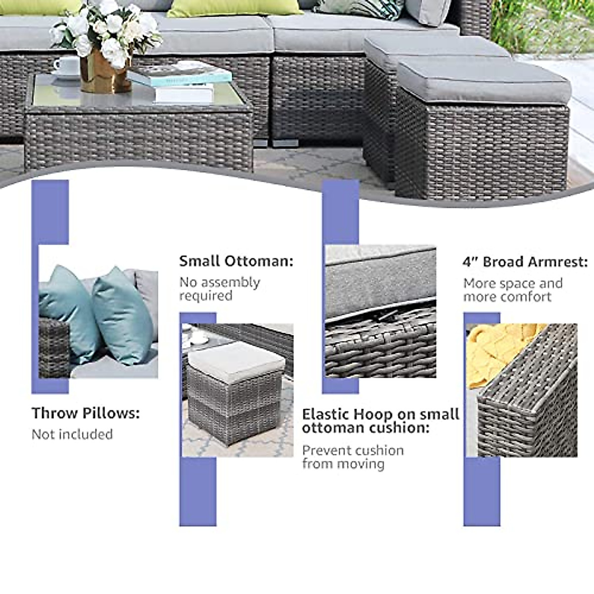 Patiorama 7 Pieces Outdoor Patio Furniture Set, Outdoor Sectional Conversation Set, All Weather Grey Wicker Rattan Sofa Set, W/Glass Table, Two Assembled Ottomans, Light Grey Cushions