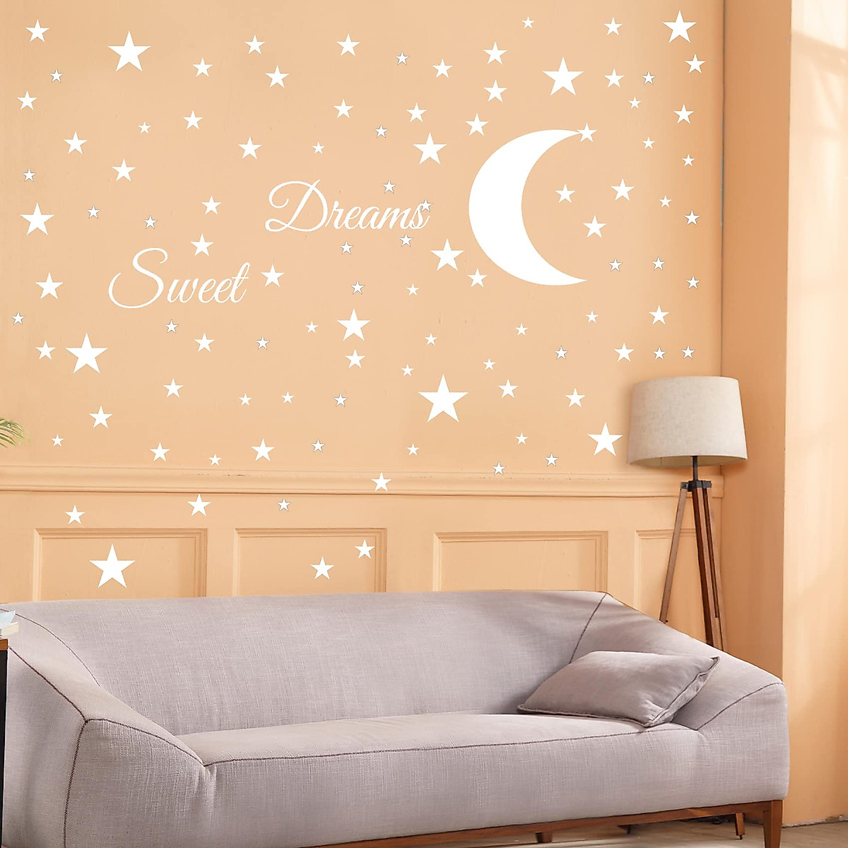 Stars and Moon Wall Decal with Sweet Dreams Quotes Wall Stickers Star Decals for Walls Nursery Wall Decal, White Vinyl Wall Moon Stars Removable Peel and Stick Wallpaper for Kids Girls Boys Bedroom