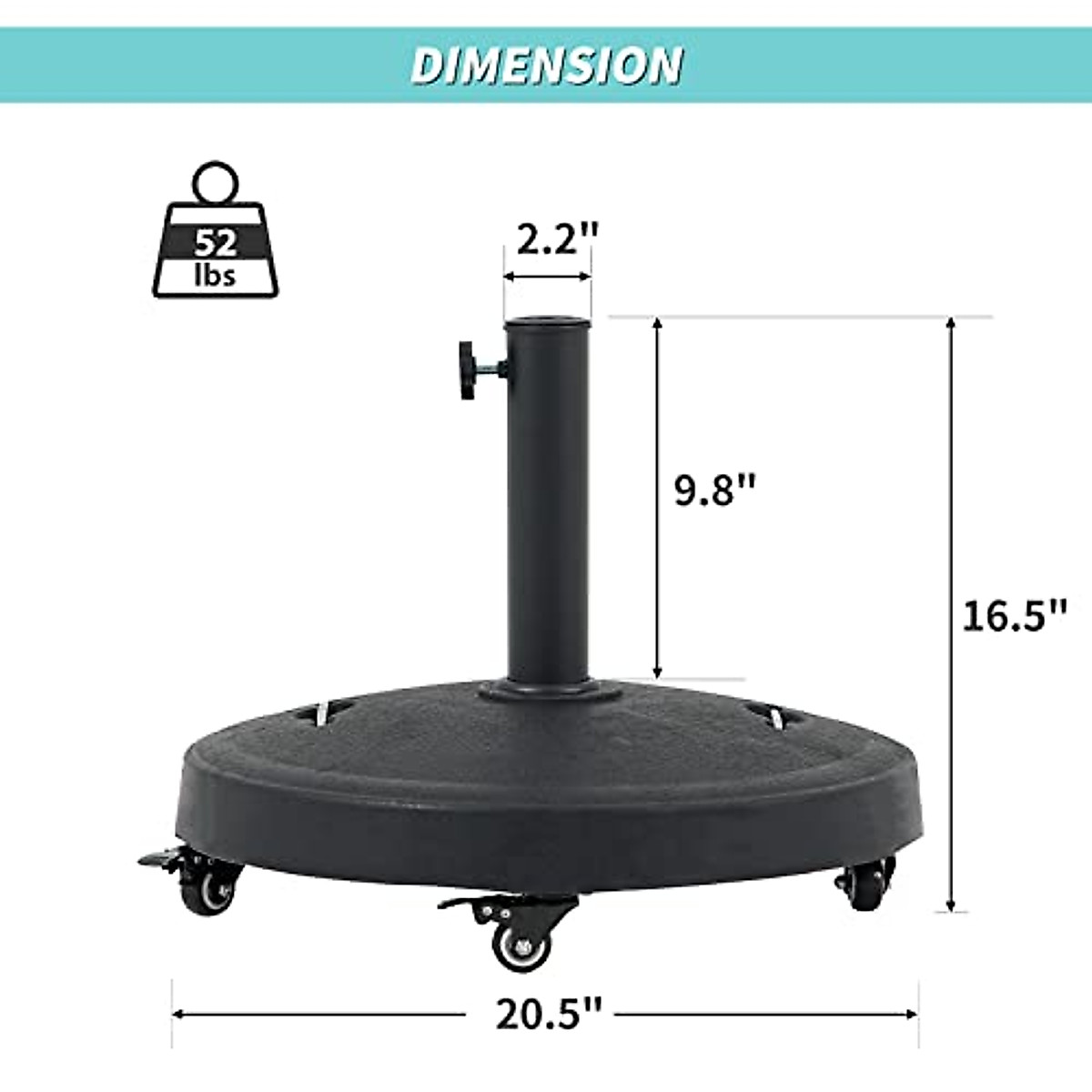 Verano Garden Patio Umbrella Base 52lbs, Heavy Duty Umbrella Stand with Wheels for Outdoor 1.5''~1.89'' Market Umbrella, Weighted Base for Patio Deck Porch Poolside (Black with Handle)