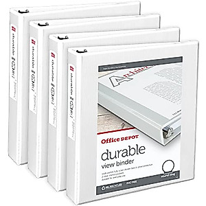 Office Depot® Brand Durable View 3-Ring Binder, 1 1/2" Round Rings, 49% Recycled, White, Pack Of 4