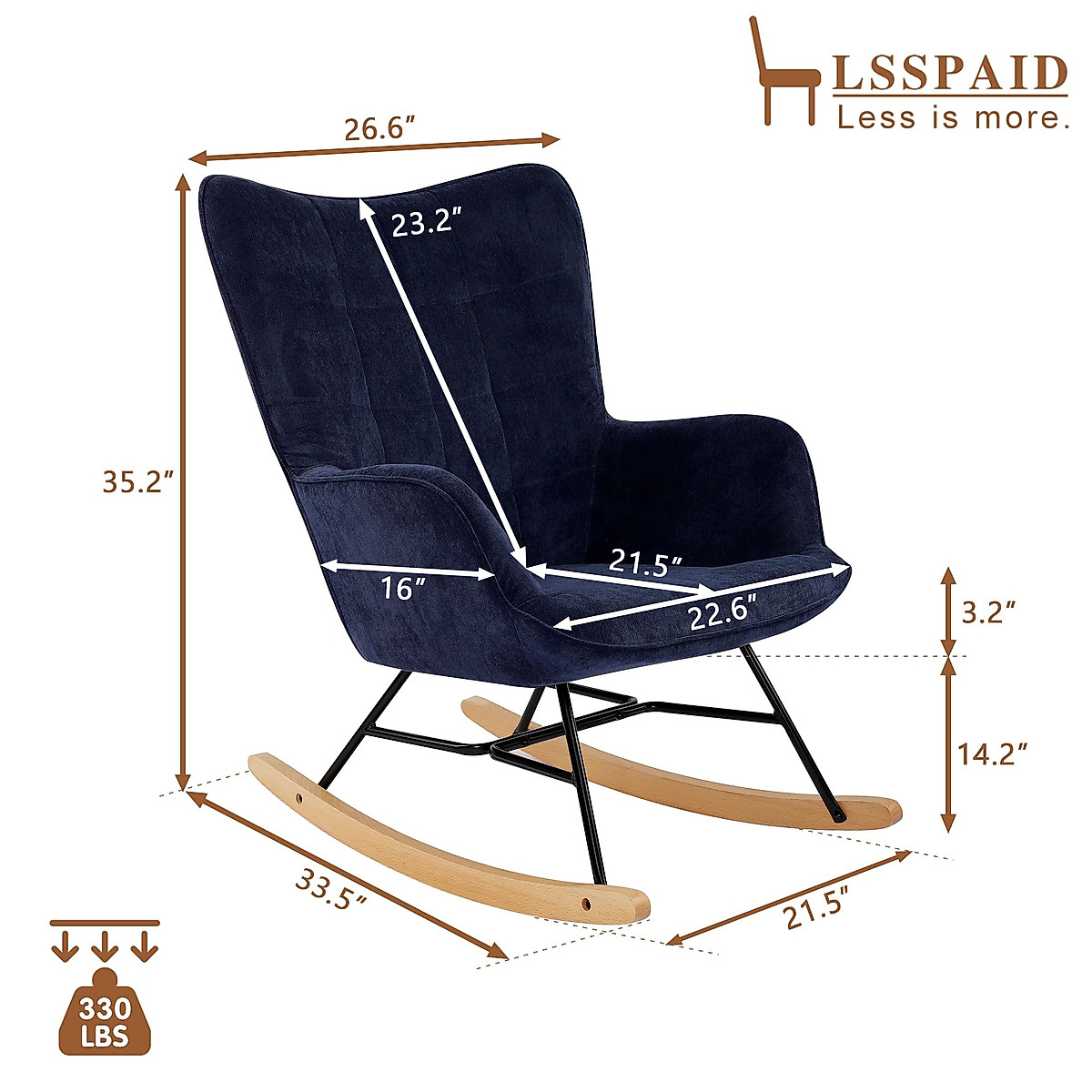 LSSPAID Rocking Chair Nursery Set of 1, Upholstered Glider Rocker with High Backrest Armchair Comfy Accent Glider Chair for Living Room, Bedroom, Nursery Room, Navy Blue