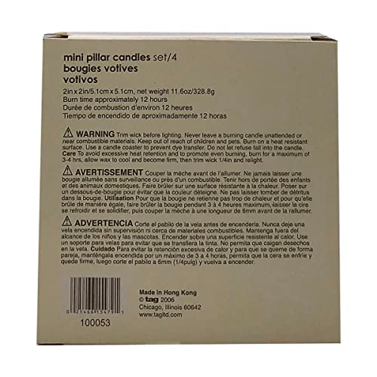 Tag 10053 Set of 4 2-Inch by 2-Inch Unscented Pillar Candle, Ivory