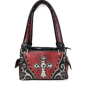 Premium Rhinestone Cross Cut Out Western Embroidered Womens Concealed Carry Handbag With Matching Wallet in 5 colors (Red)