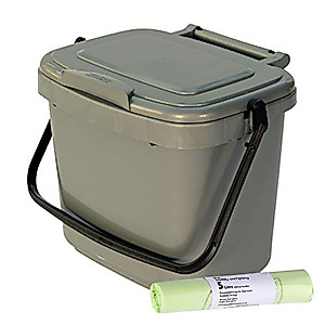 5 Litre Plastic Kitchen Compost Caddy with 50x Tie Handle Bags, Silver/Grey
