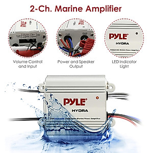 Pyle Auto 2-Channel Bridgeable Marine Amplifier - 200 Watt RMS 4 OHM Full Range Stereo w/ Wireless Bluetooth & Powerful Prime Speaker - High Crossover HD Music Audio Multi-Channel System