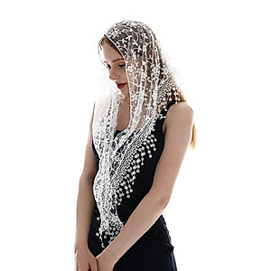 LMVERNA Cathedral Veil Triangle Shape Veil Fringe Lace for Mass Wedding Bridesmaids (White)