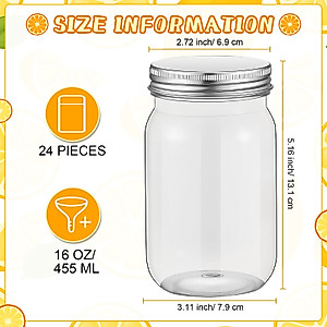 Gerrii 24 Pieces 16 oz Clear Plastic Mason Jars with Lids Refillable Mason Cocktail Cup Empty Canning Overnight Oats Container Plastic Candy Storage Jars Containers for Honey Spices Herbs