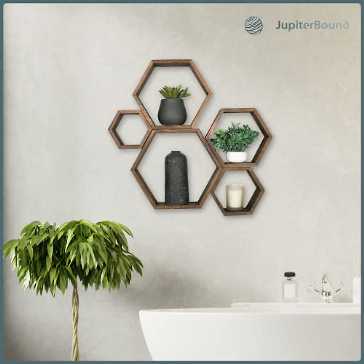 Floating Shelves – Hexagonal Premium Wood Shelves – Set of 5 – Rustic Farmhouse Decor – Honeycomb Display Shelf – Wall Shelves for Bathroom, Bedroom, Kitchen, Office & Living Room - Easy Installation