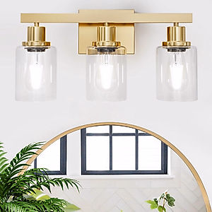 DIKAIDA 3 Light Gold Bathroom Light Fixtures, Bathroom Vanity Light Over Mirror, Gold Wall Sconce Vanity Lighting with Clear Glass Shade,Modern Farmhouse Bath Wall Lamp for Mirror Kitchen